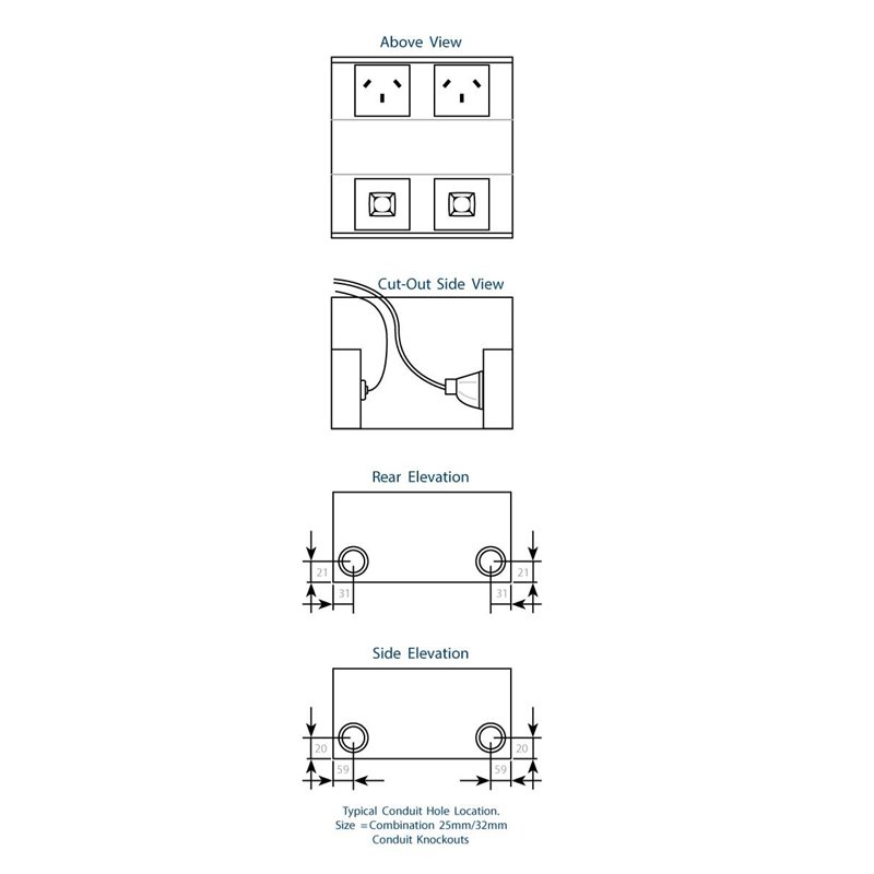 FOBPL2P2DS65 - FFOB-522 2 x 10amp AUTO SWITCHED SQUARE GPO OUTLET 2 X ...